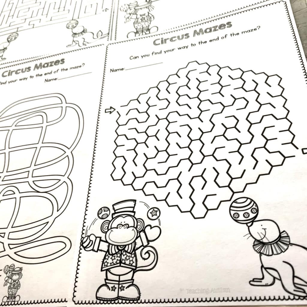 Circus Maze Worksheets, No Prep Worksheets - Teaching Autism
