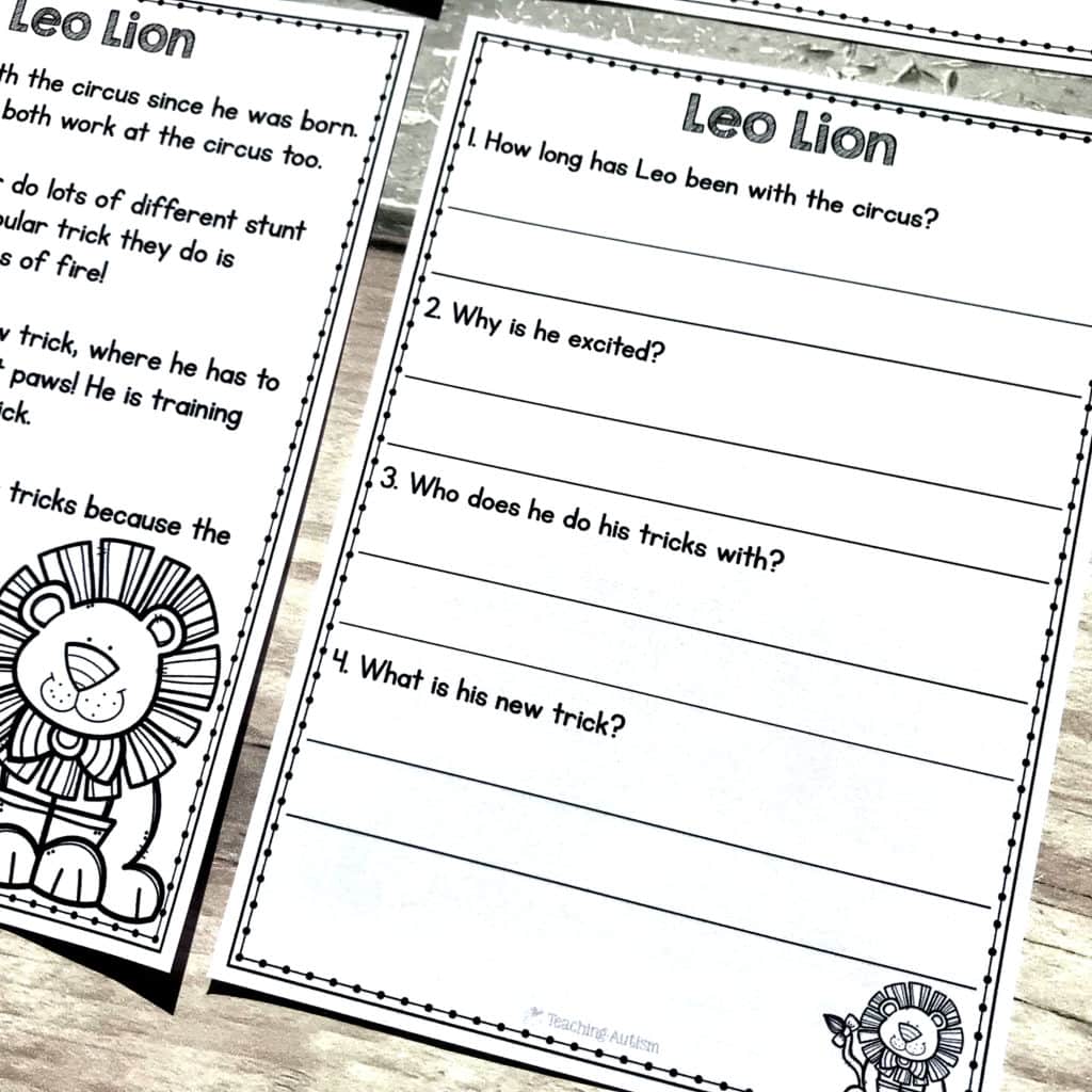 Reading Comprehension Passages and Questions - Circus - Teaching Autism
